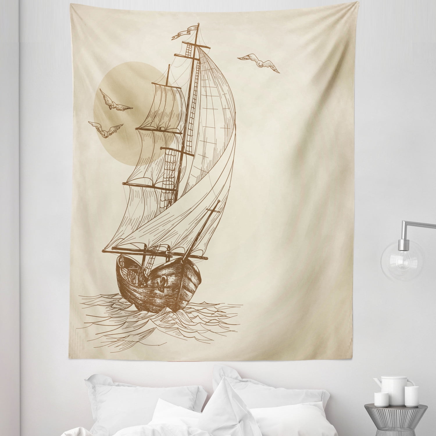 Nautical Tapestry, Sailing Ship Floating on Wavy Ocean Sketch Art ...