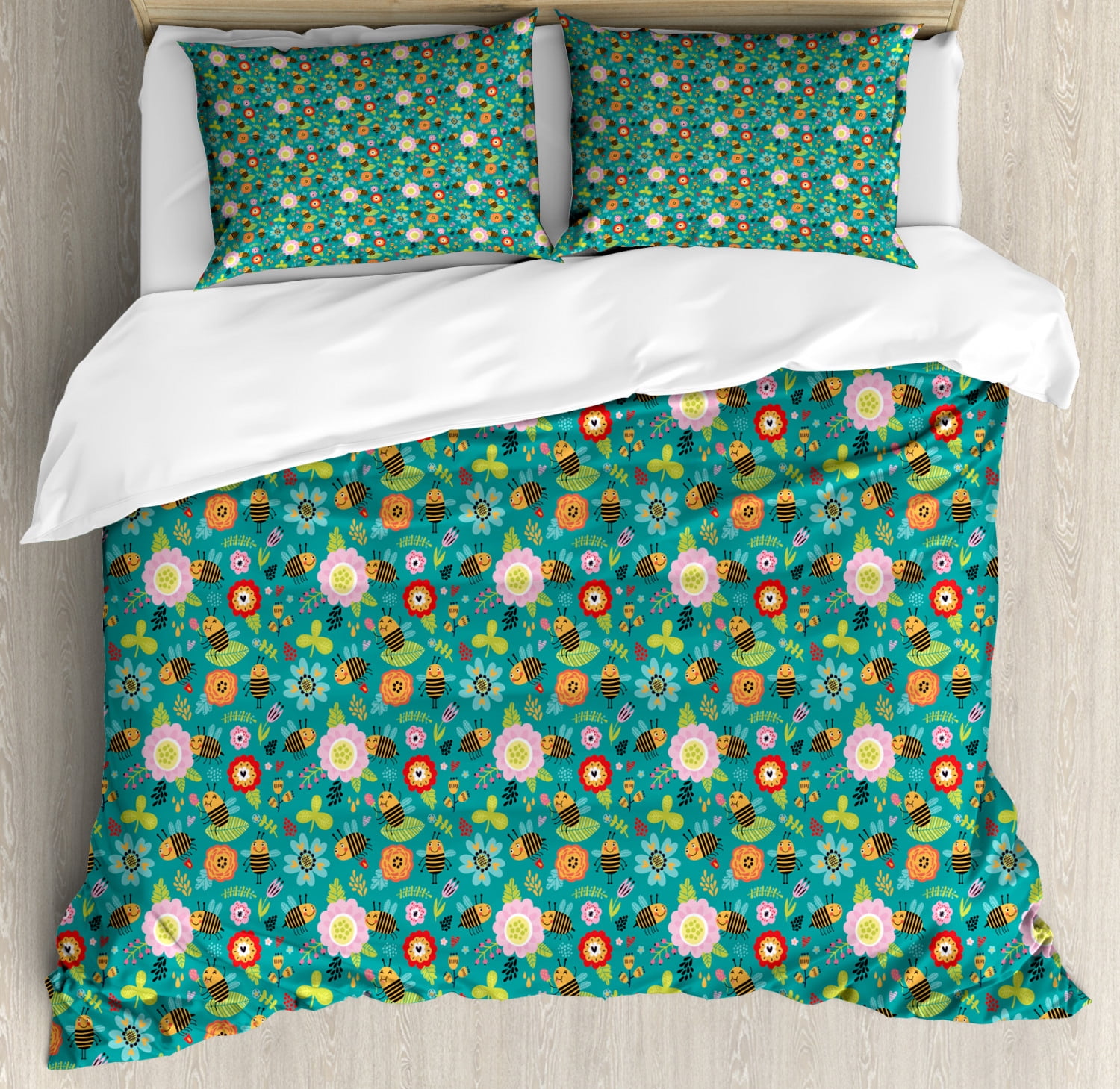 Bee Queen Size Duvet Cover Set, Funny Nature Cartoon with Smiling Bees ...