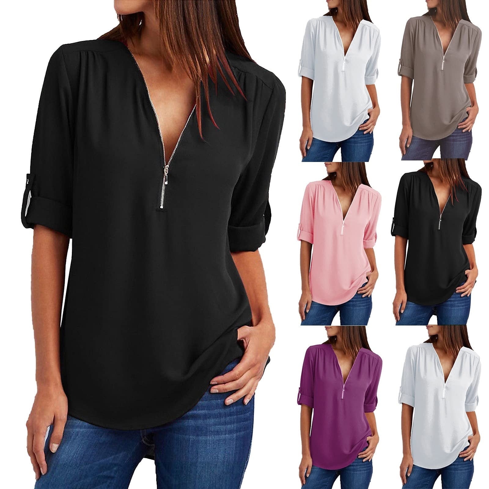 Tejiojio Womens Plus Size Chiffon Shirt 3 4 Rolled Sleeve Casual Tunic