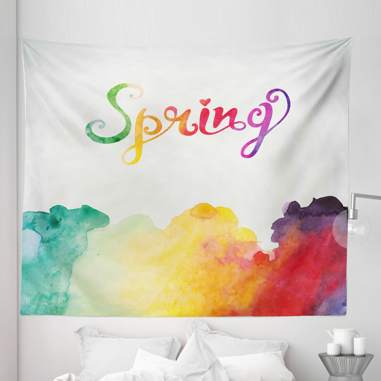 Saying Tapestry, Spring Lettering with Rainbow Fog Like Ombre Colored ...
