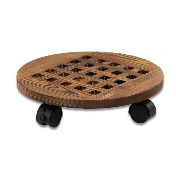pitrice Wood Plant Stand Round Rolling Tray with Rotating Wheels Indoor ...