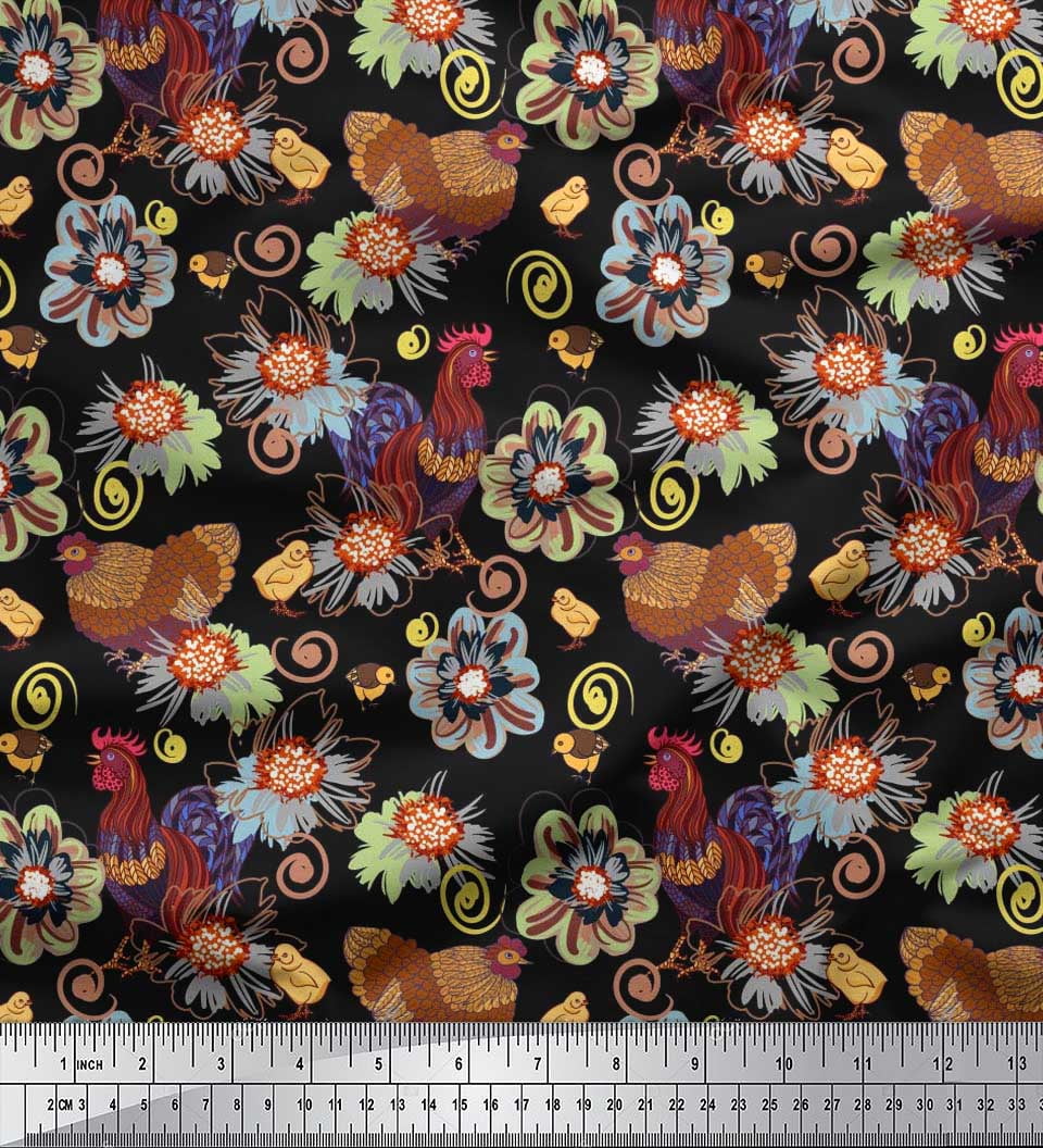 Soimoi Silk Fabric Floral,Cock & Hen Bird Print Fabric by Yard 42 Inch ...