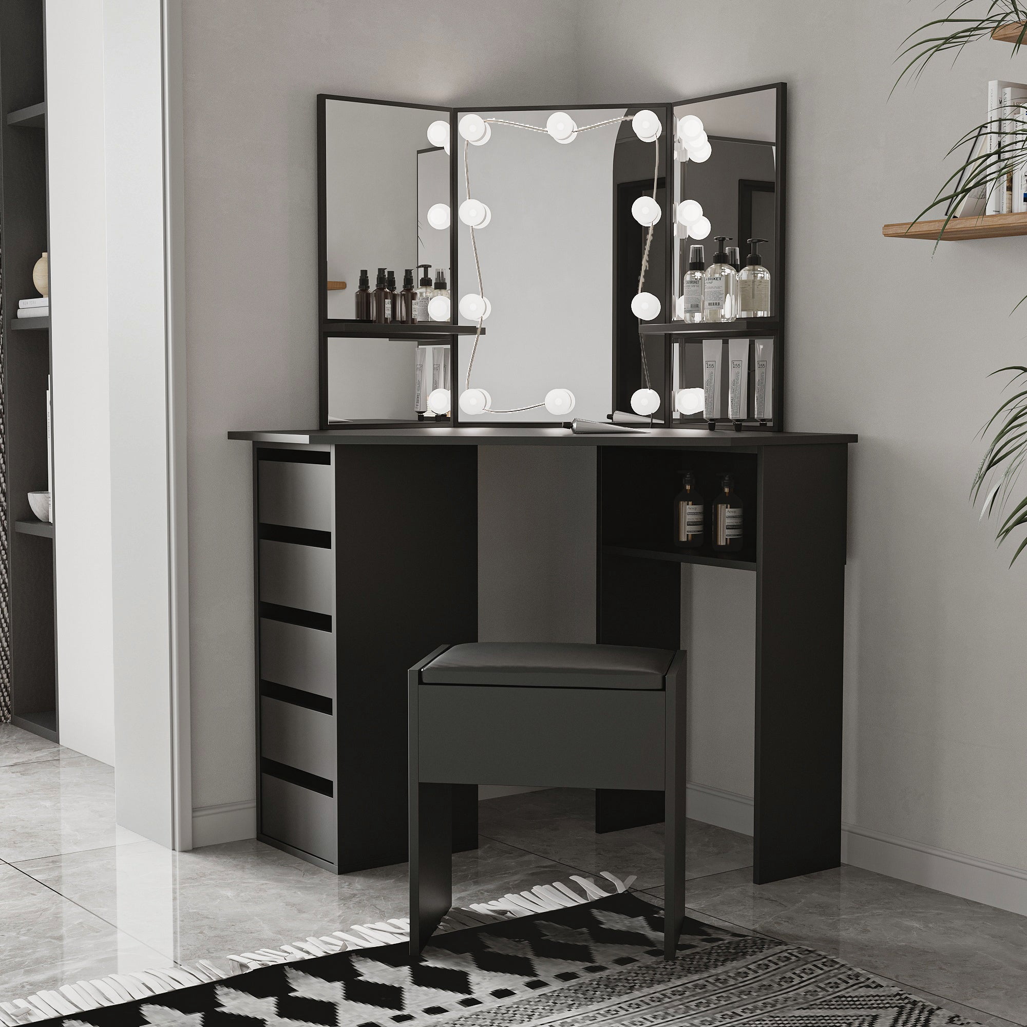 Elegant Black Corner Makeup Station With Stool And LED Lights - Walmart.com
