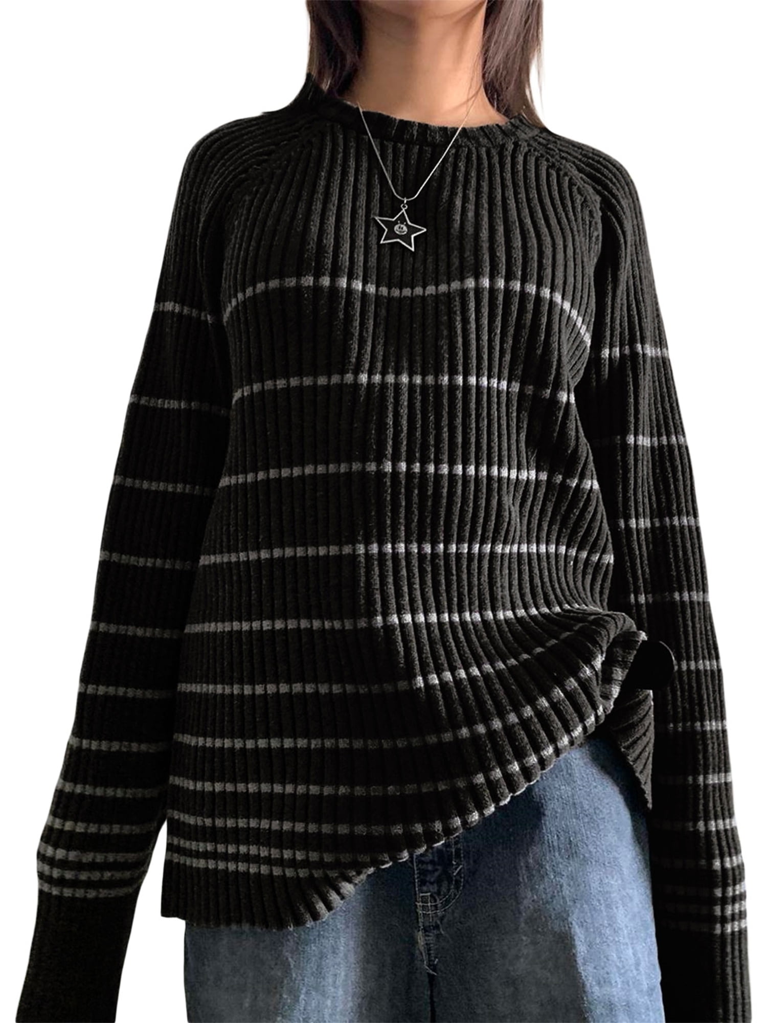 Qiylii Womens Y2k Striped Pullovers Sweater Oversized Vintage Knitted