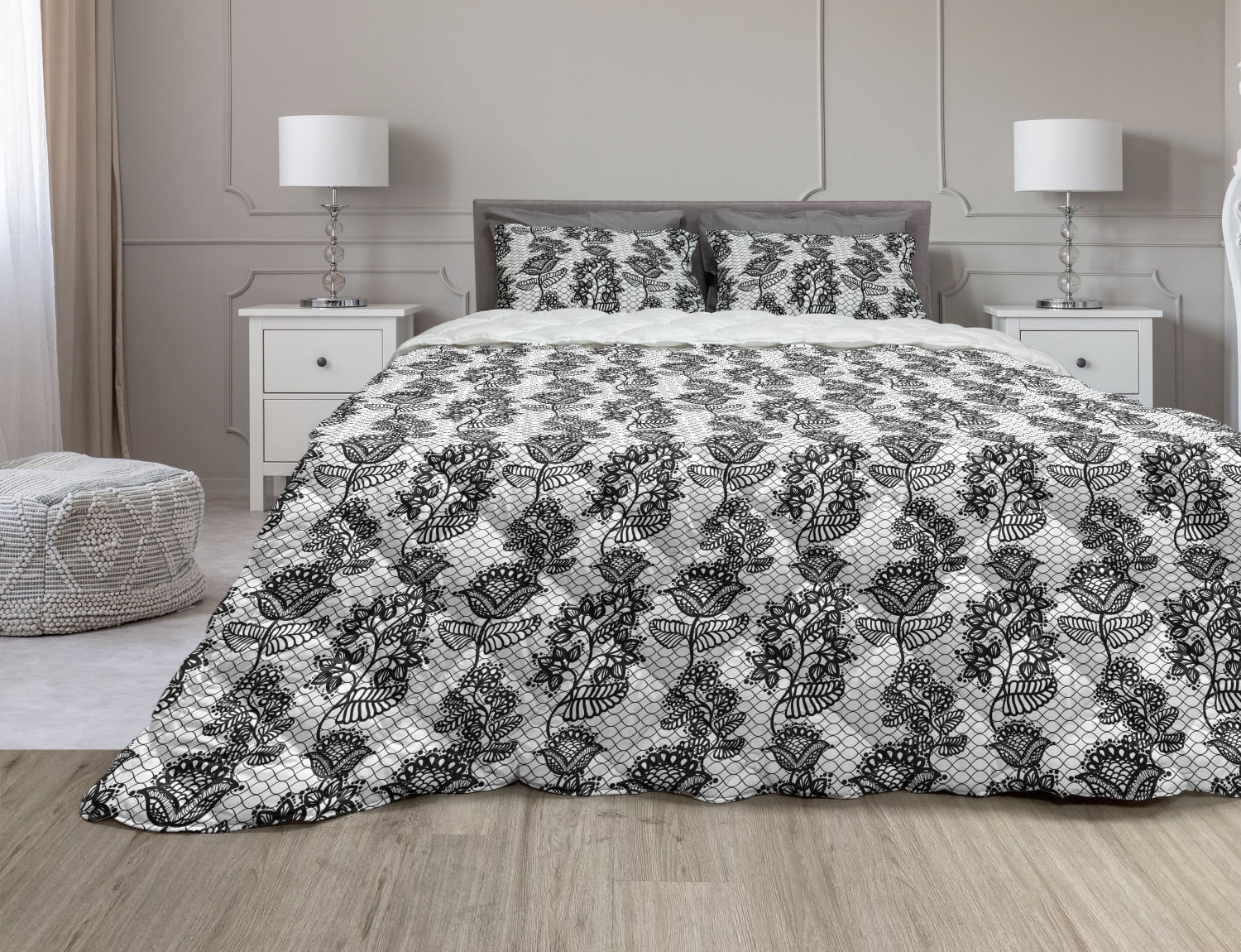 Black and White Comforter & Sham Bedding Set, Lace Style Victorian ...