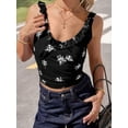 Black Ruffle Deep V-Neck Crop Tank Top With White Floral Print ...