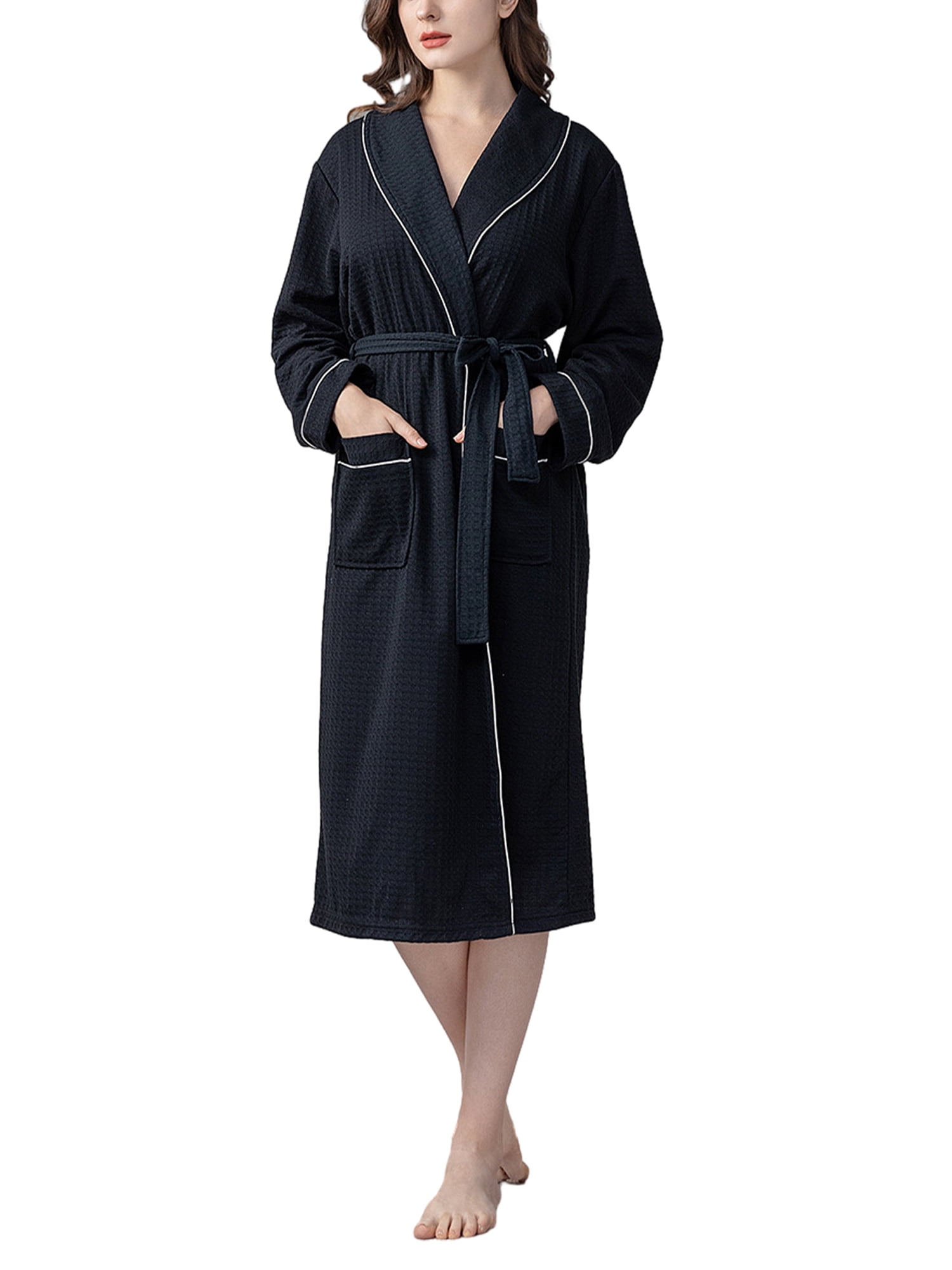 FOCUSNORM Women Dressing Gown Waffle Robe Patchwork Shawl Collar ...
