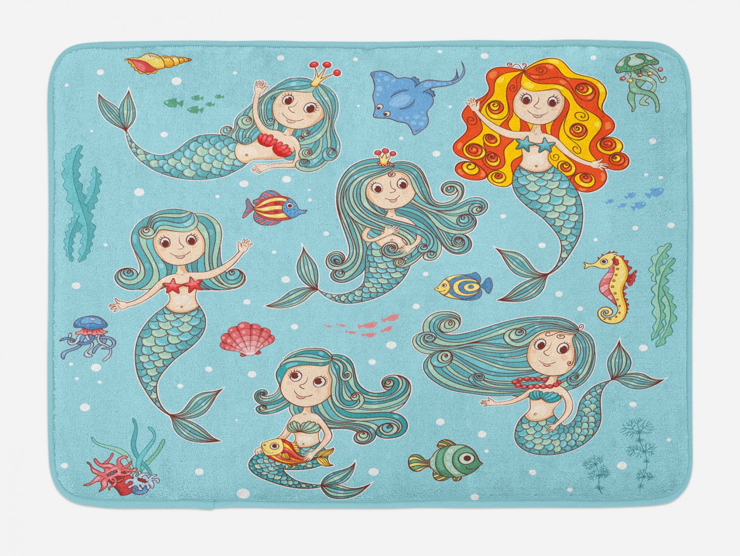 Mermaid Bath Mat, Cute Collection of Mermaids with Different Types of ...