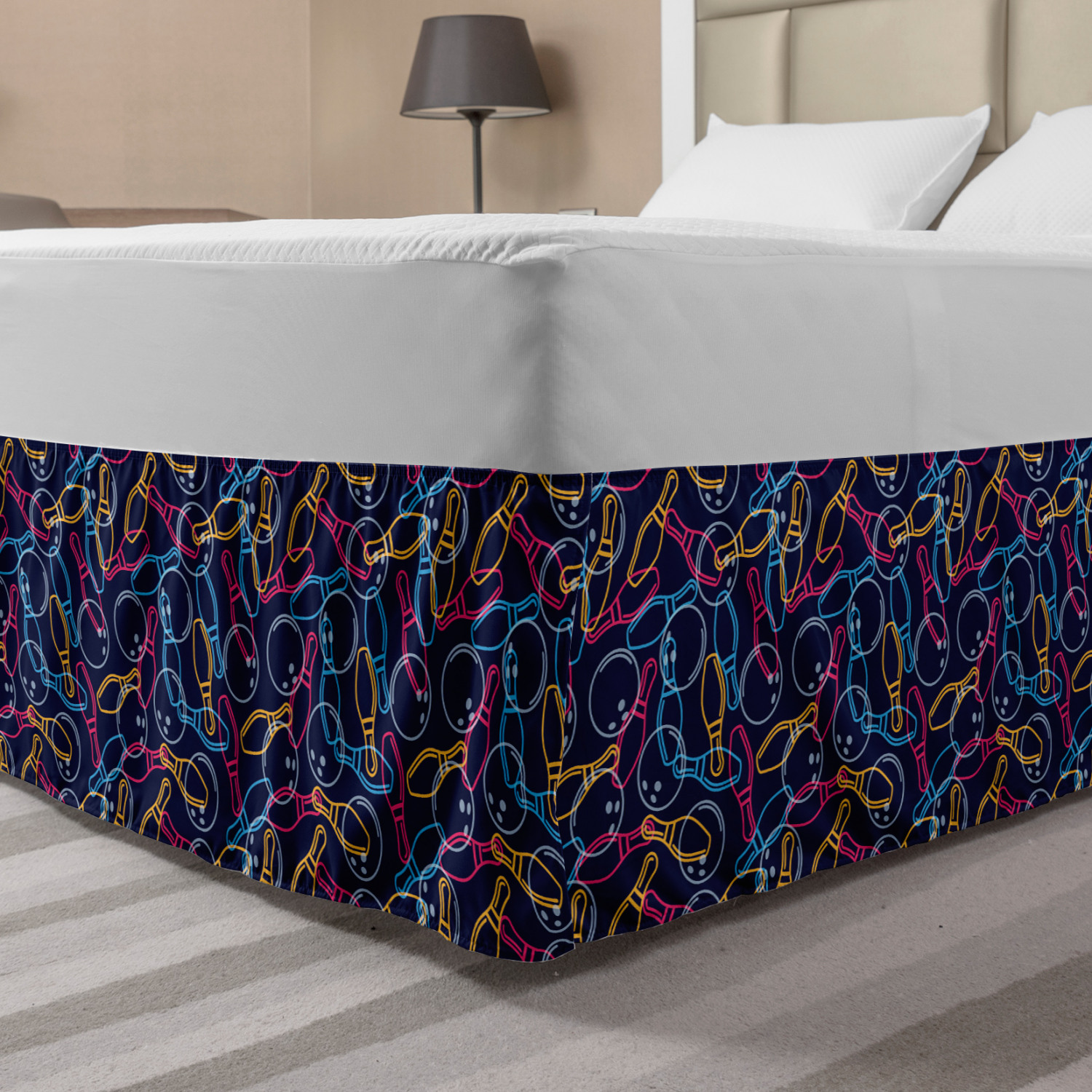 Bowling Bed Skirt, Balls Pins and Shoes in Vibrant Colored Outline ...