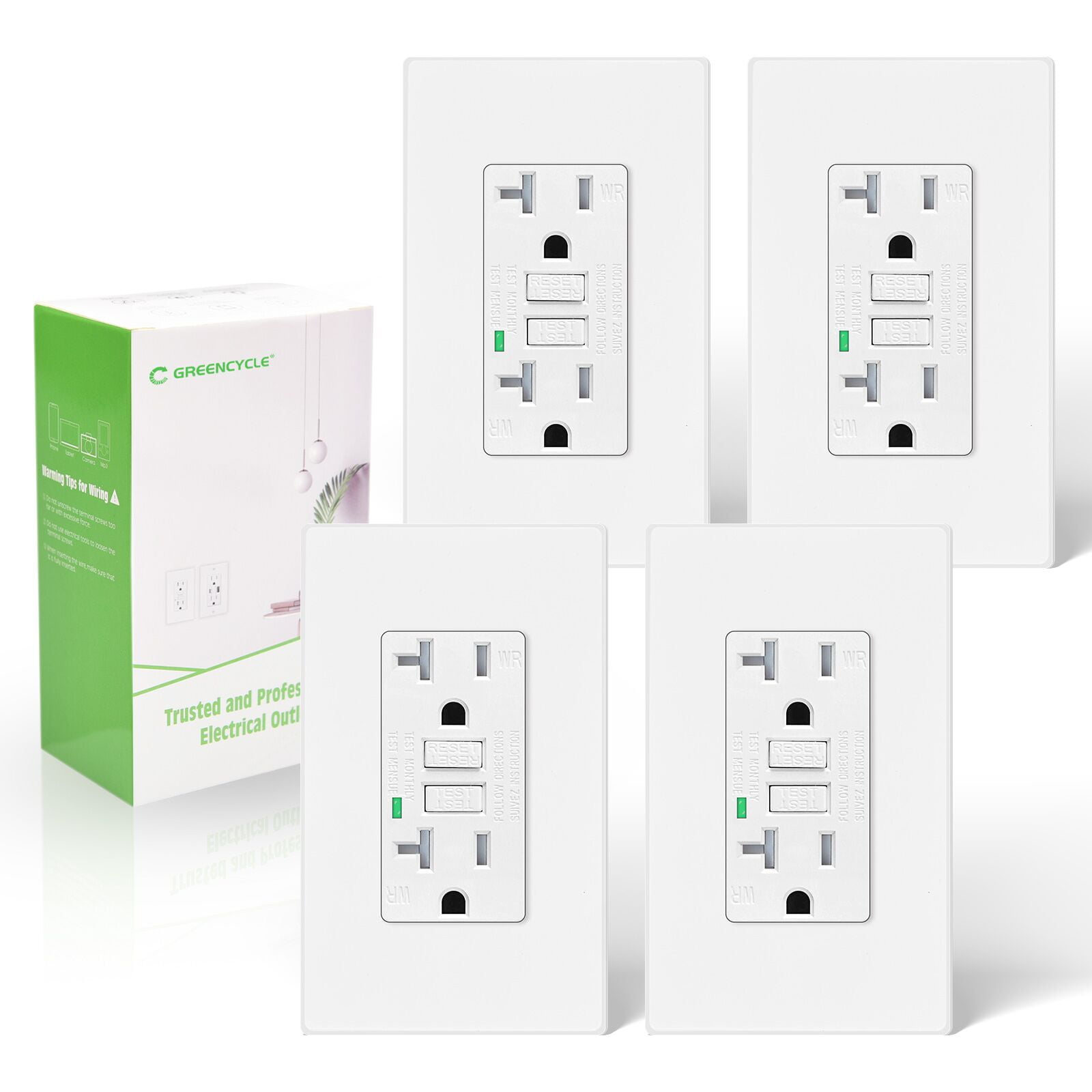 GFCI 20 Amp 4PK,Greencycle 20A Self Testing GFCI Outlet Hospital Grade ...