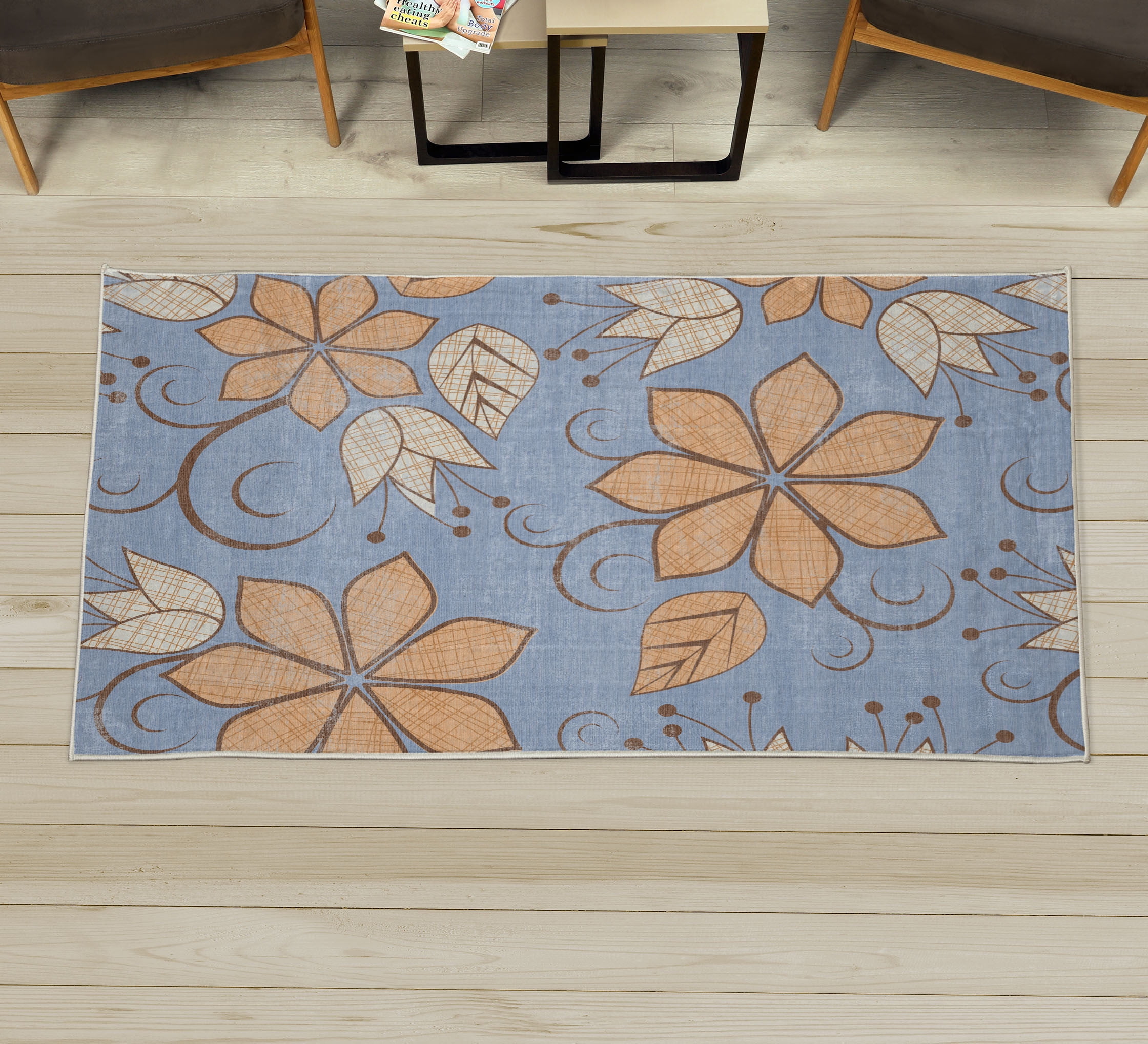 Floral Decorative Rug, Delicate Flowers with Swirling Ivy Branches ...