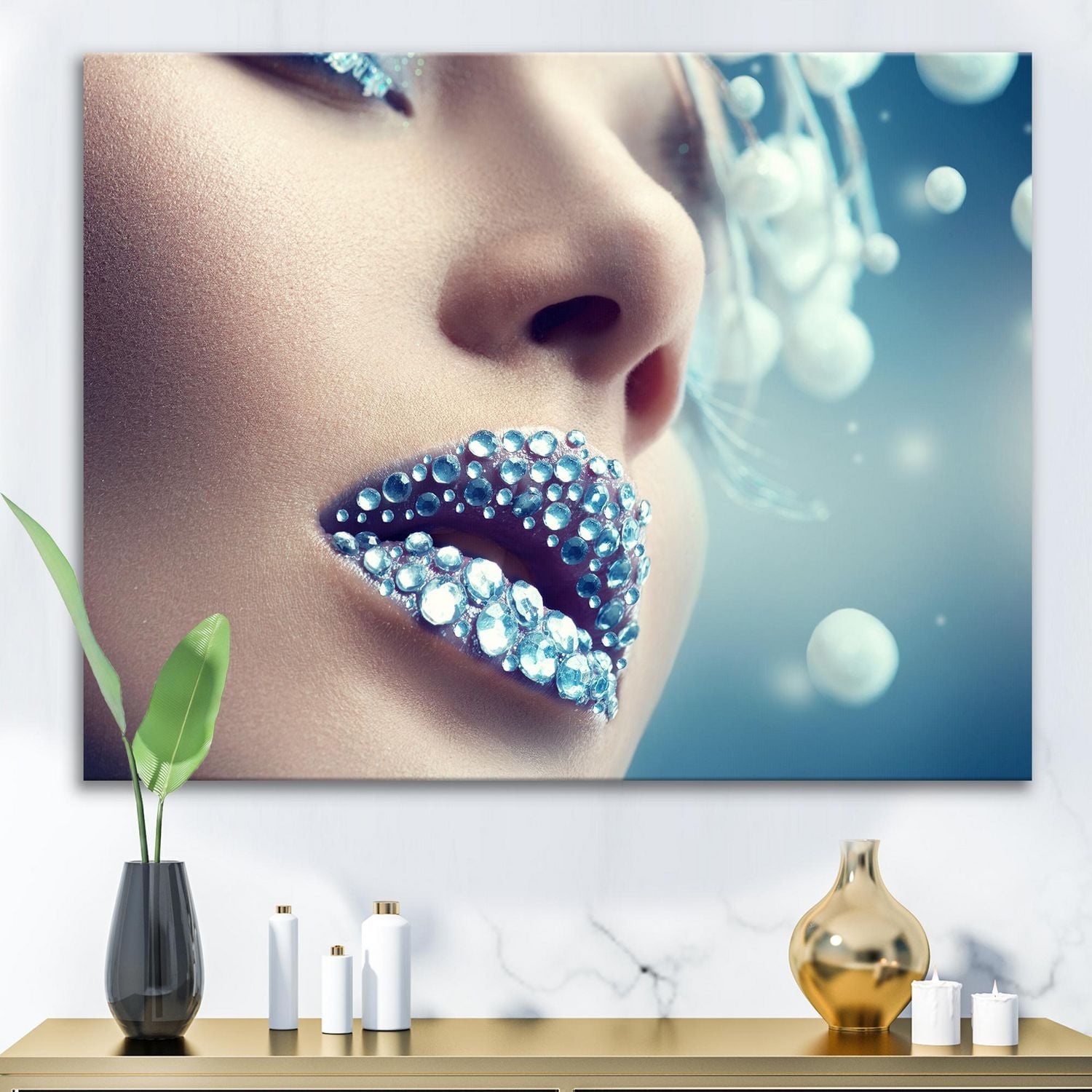 Click here for Designart Close-Up Of Gems On Woman Lips Canvas Wa... prices
