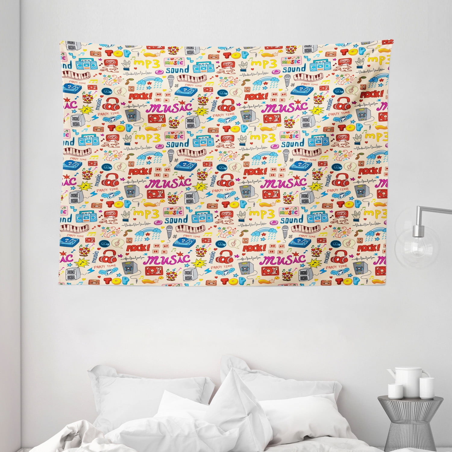 Music Tapestry, Retro Pop Art Style Music Icons Casette Tapes Records ...