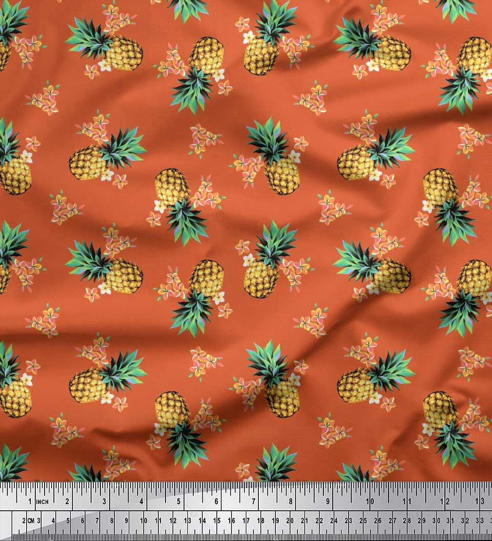 Soimoi Orange Satin Silk Fabric Peach Floral & Pineapple Fruits Print ...