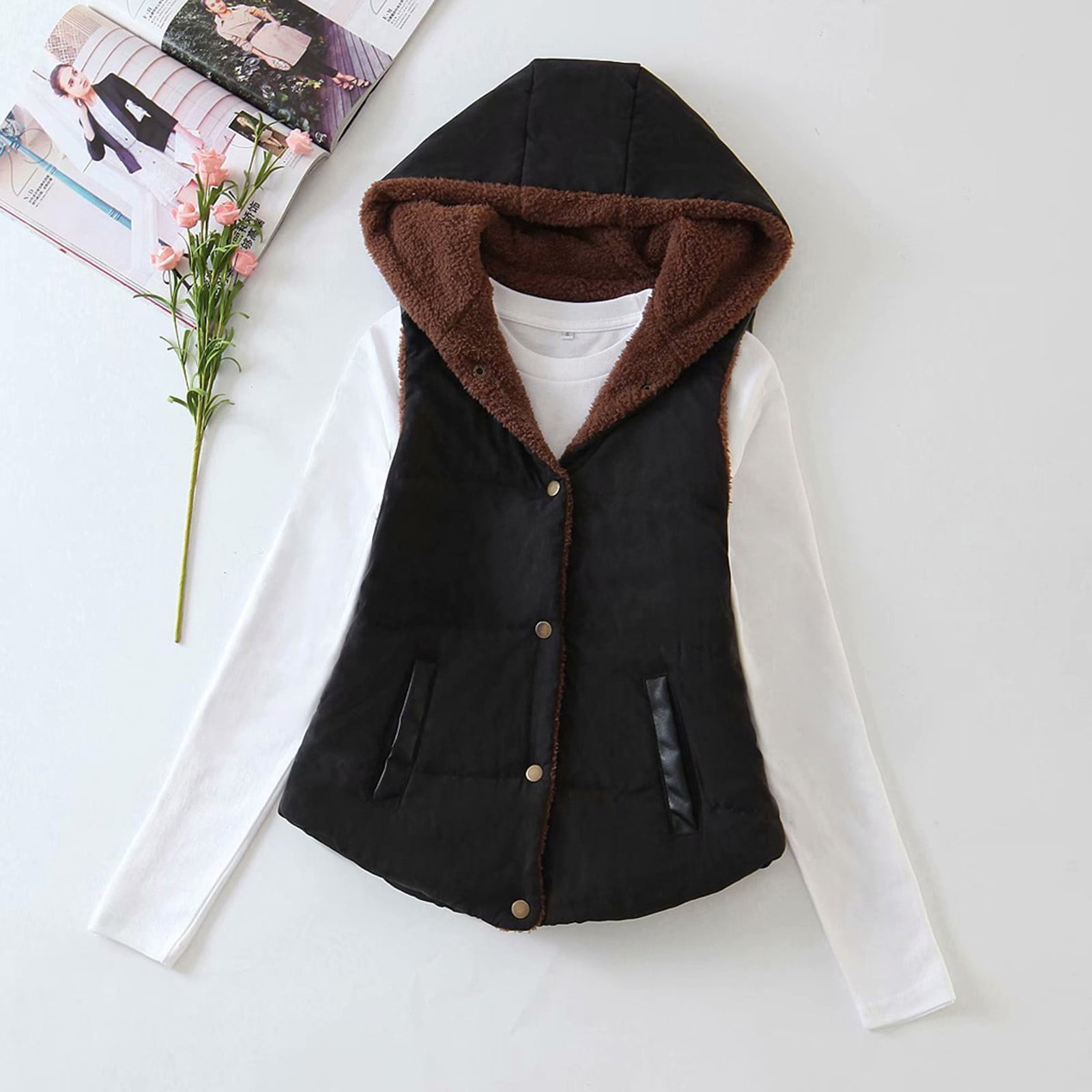 Tejiojio Clearance Jackets Women Solid Short Outerwear Cotton Jackets Pocket Loose Stand Vest