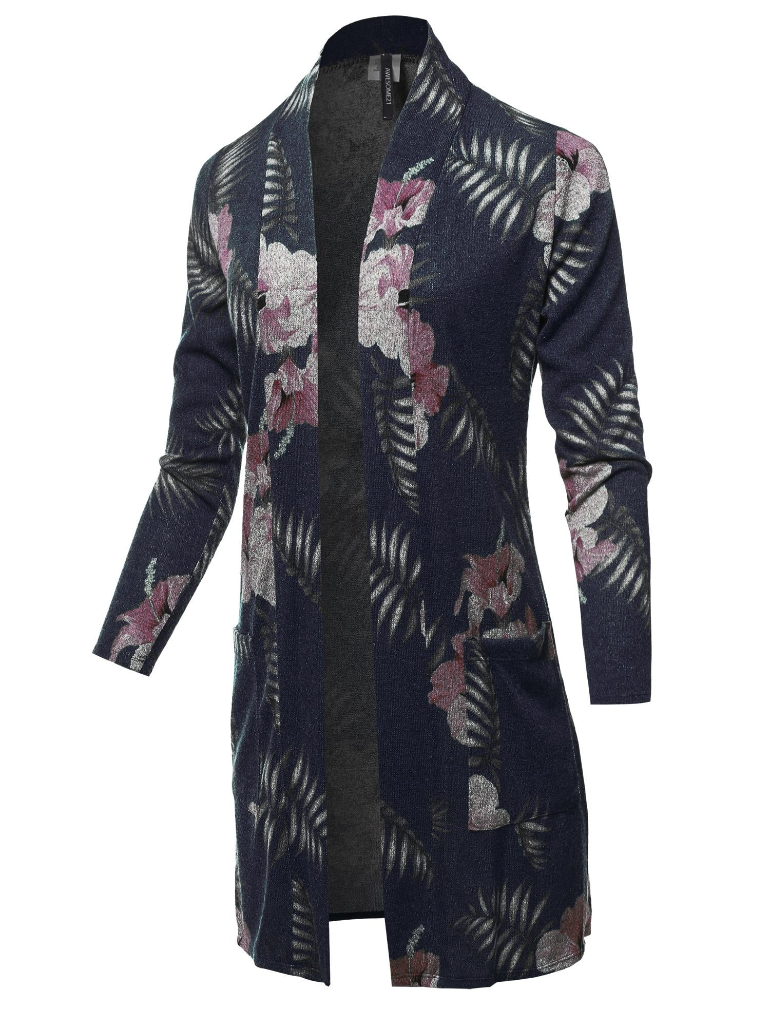 FashionOutfit Women's Casual Solid and Print Long Length Knit Cardigan ...