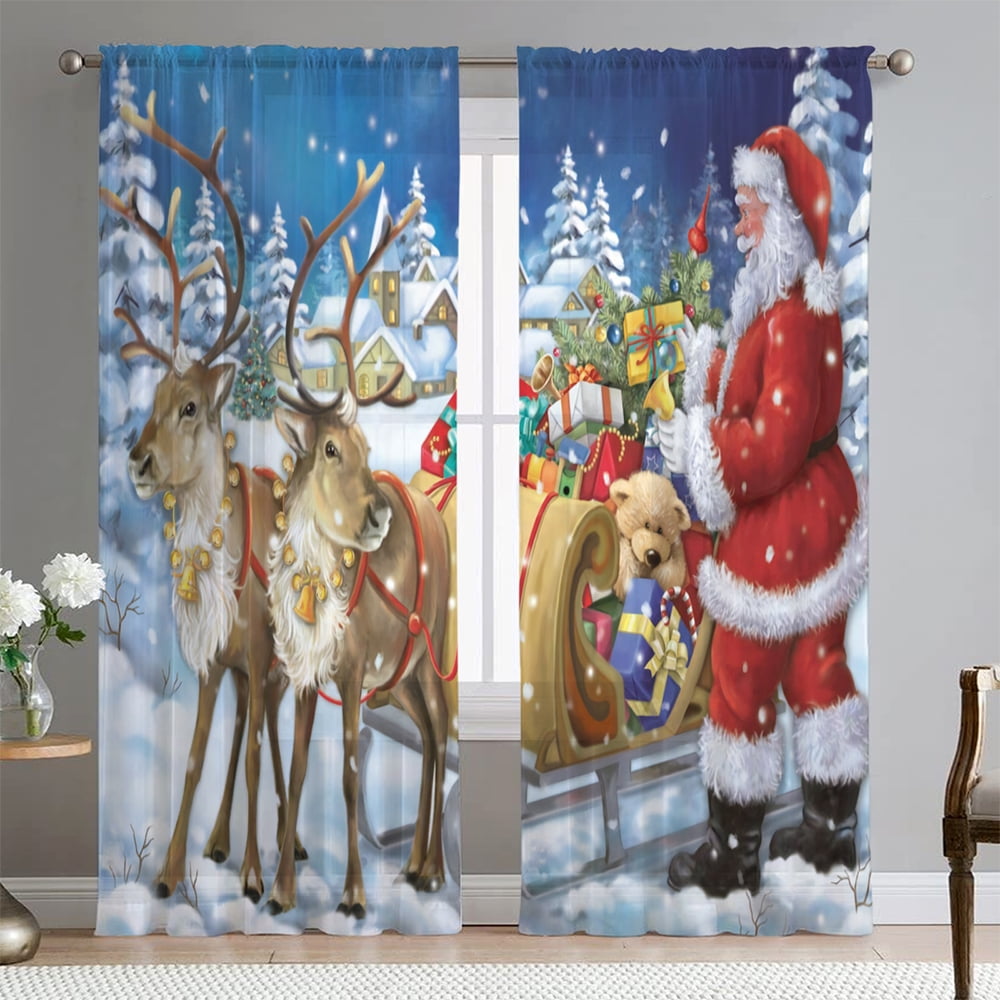 CUH Santa Claus Sheer Window Curtain Xmas Voile Window Drape Christmas ...