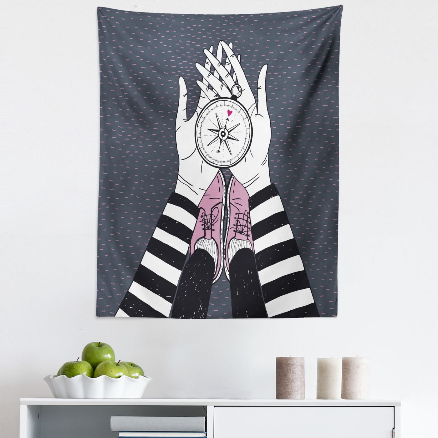Compass Tapestry, Searching for Love Girl Holding a Navigation Device ...
