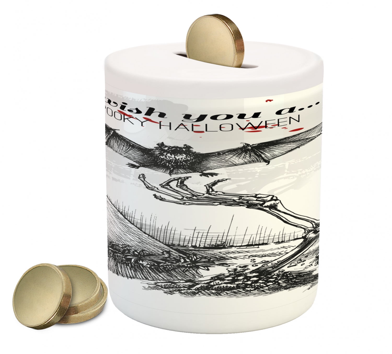 Halloween Piggy Bank, Dead Skull Skeleton out of the Grave and Flying ...