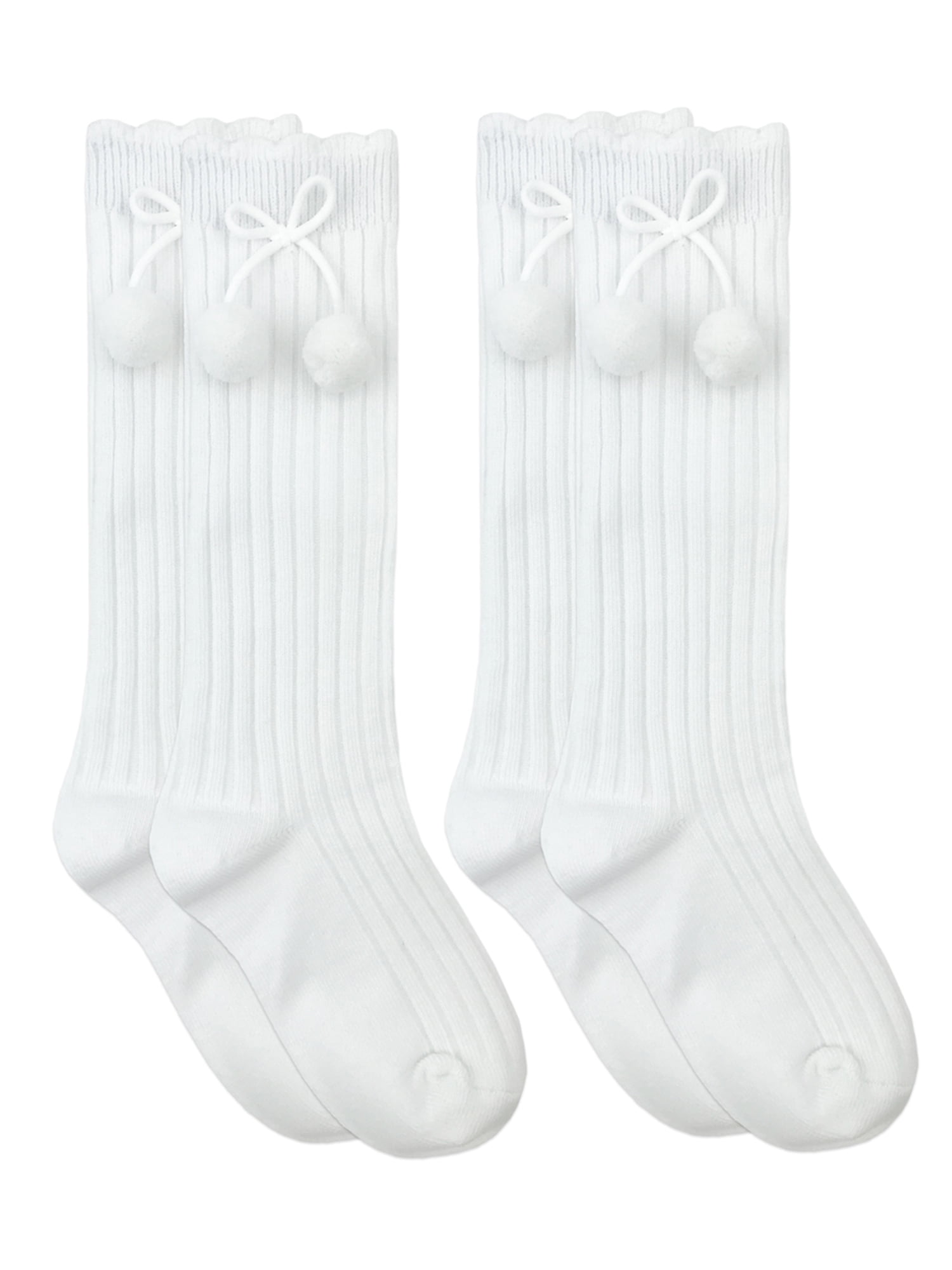 Jefferies Socks Girls Socks, 2 Pack Knee-High Pom Pom Bow Rib Cotton ...