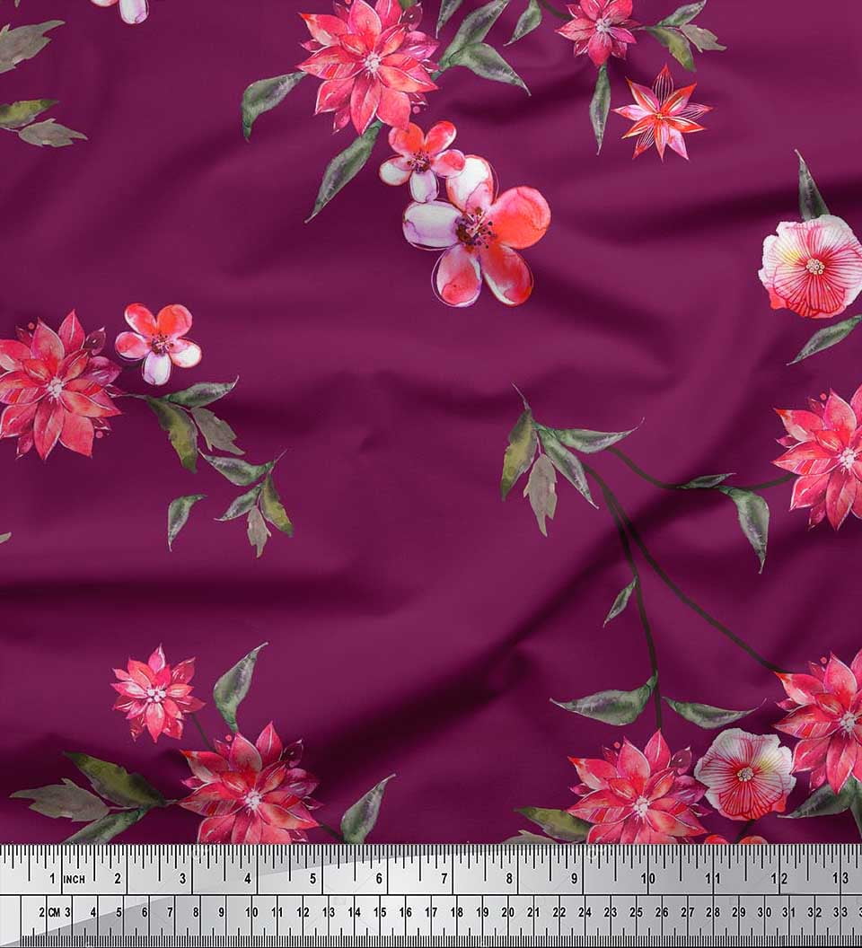 Soimoi Japan Crepe Satin Fabric Leaves & Pink Flower Print Fabric by ...