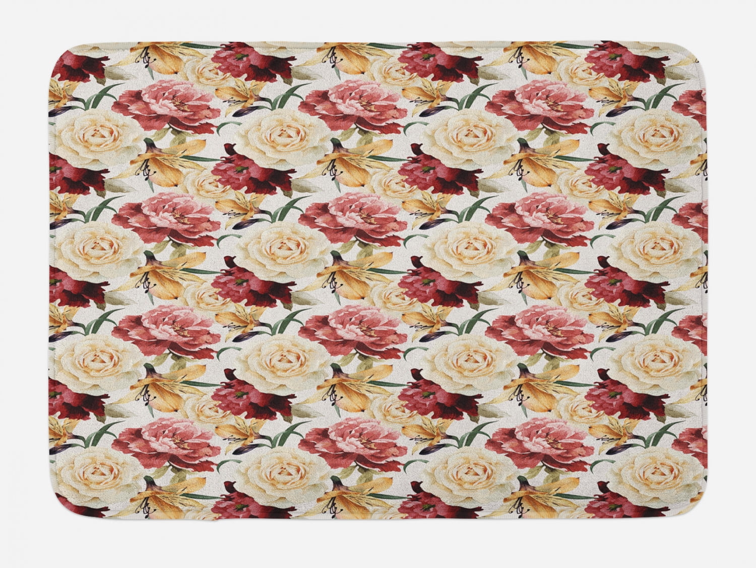 Rose Bath Mat, Watercolor Painting Look Roses Peonies Botanical ...