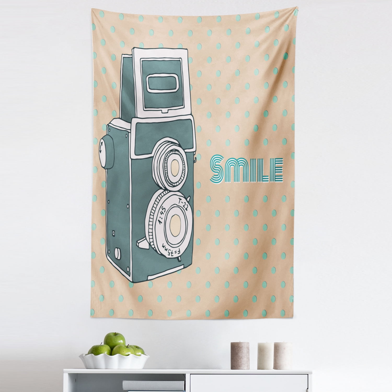 Camera Tapestry, Nostalgic Smile Calligraphy on Polka Dots Film Movie ...