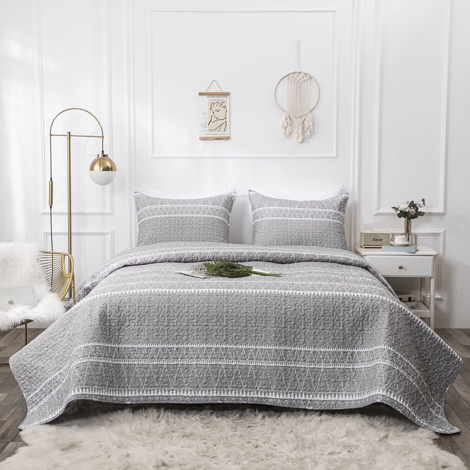 LUCKYBULL Queen Size Grey Quilt Set, Boho Bedspread, Lightweight for ...