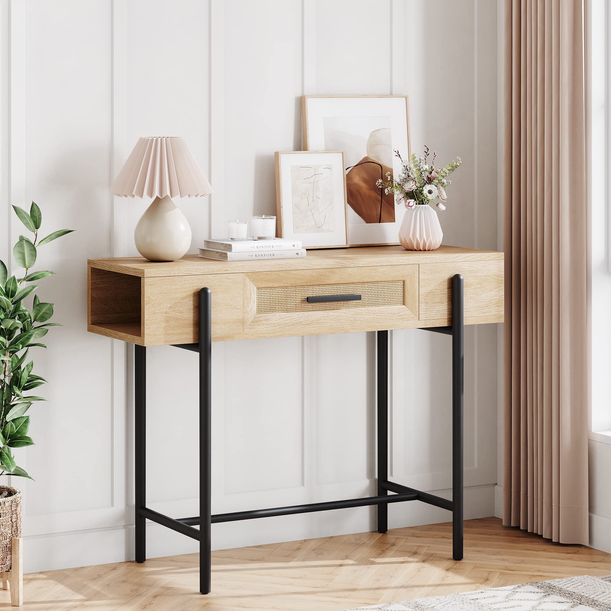 Console Table Rattan Desk with Drawers, Rattan Entryway Table 39 ...