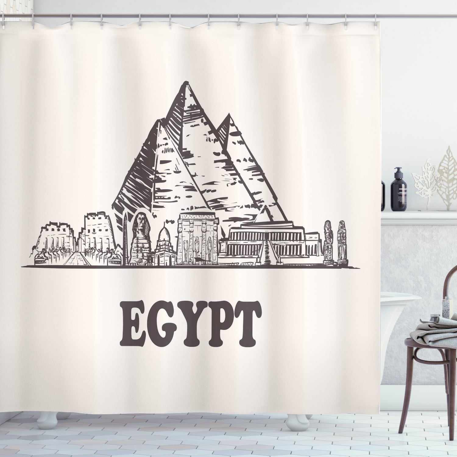 Vintage Egyptian Shower Curtain, Monochrome Pyramids Tutankhamun Cheops ...