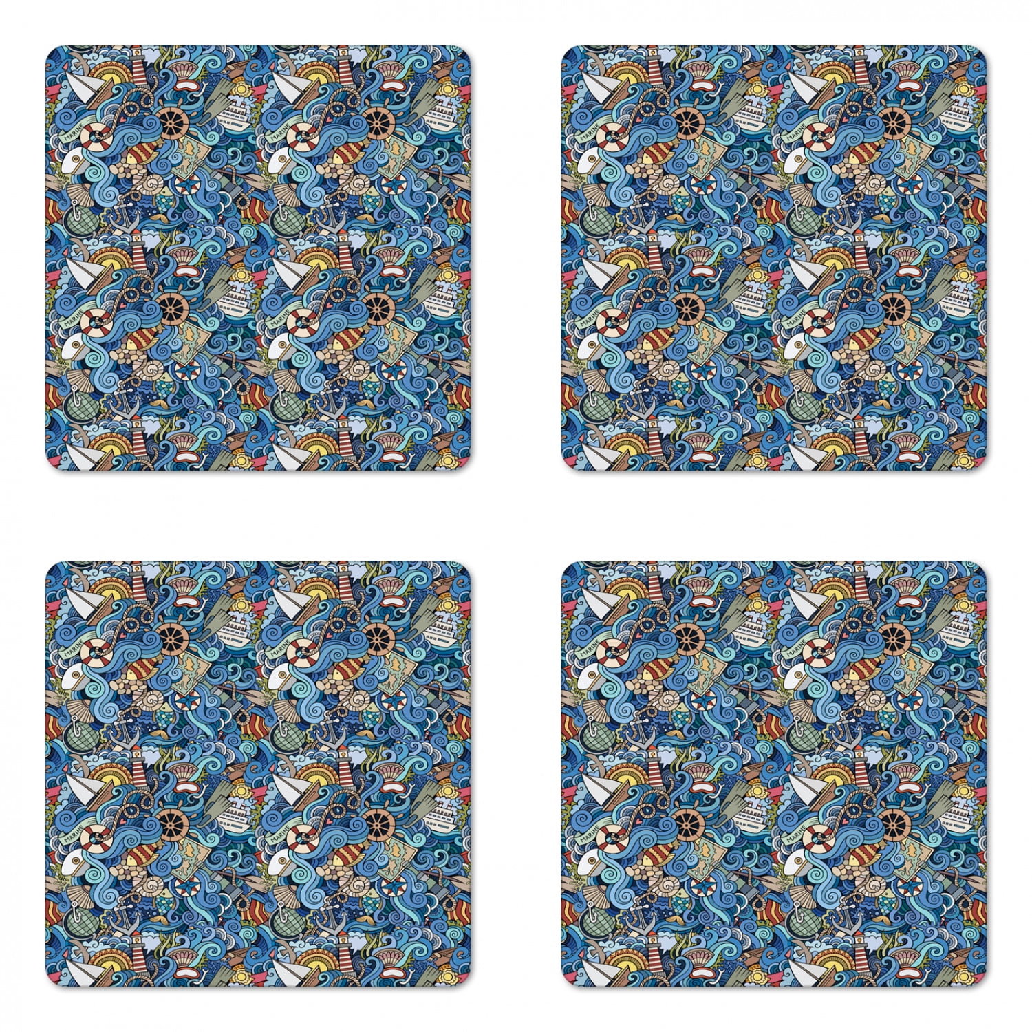 Nautical Coaster Set of 4, Abstract Pattern Sea Shells Sea Horse Corals ...