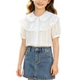 AHTJRT Girl Puff Short Sleeve Blouse Cute Flowy Peter Pan Collar Button ...