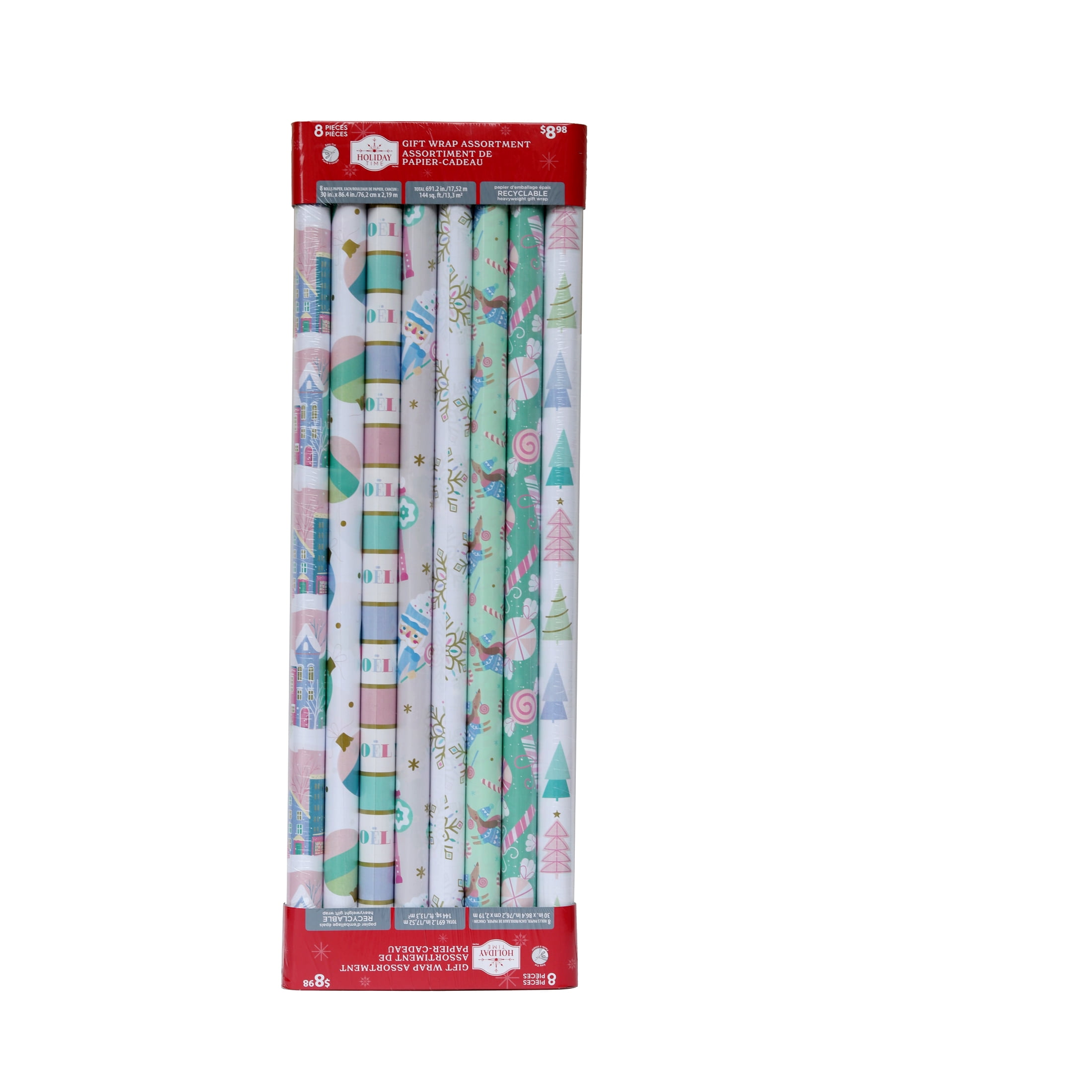 Holiday Time Pink and Pastel Christmas Wrapping Paper, 8 Rolls, 144 Sq ...