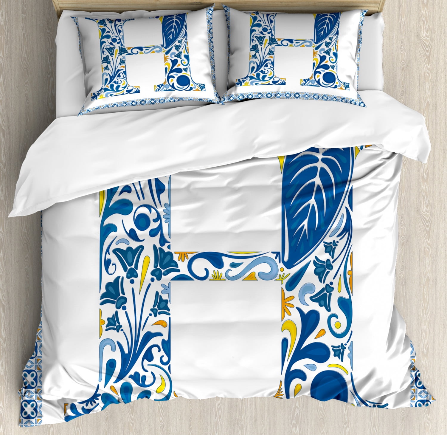 Letter H Duvet Cover Set King Size, Azulejo Frame Flowers and Leaves ...