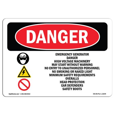 OSHA Danger Sign - Emergency Generator Danger High 18" X 12" Aluminum ...