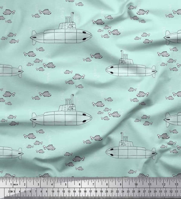 Soimoi Velvet Fabric Submarine & Fish Night Wear Print Fabric by Yard ...