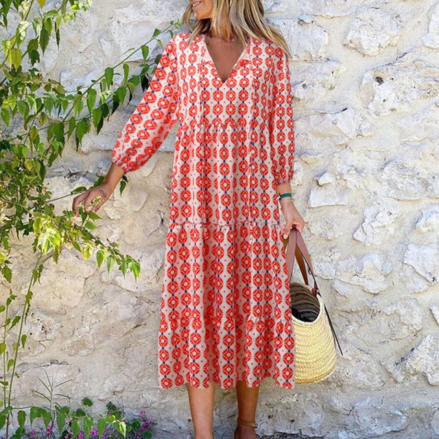 Hanxiulin Women Short Puff Sleeve V Neck Maxi Dress Summer Boho Floral