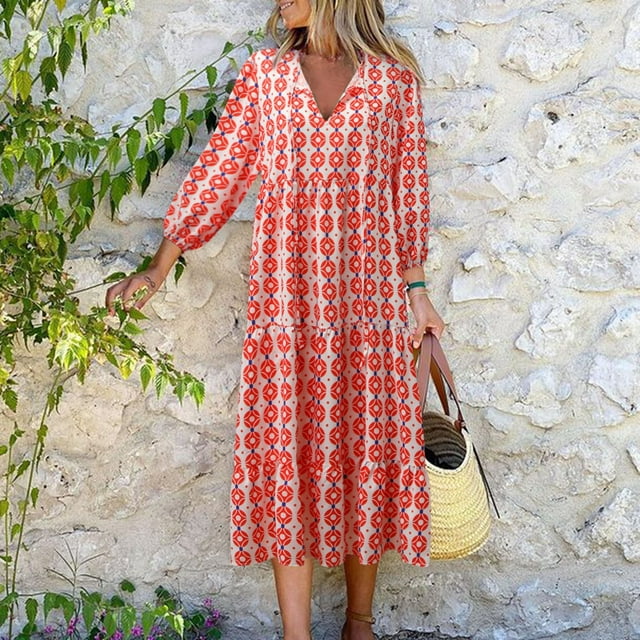 Hanxiulin Women Short Puff Sleeve V Neck Maxi Dress Summer Boho Floral