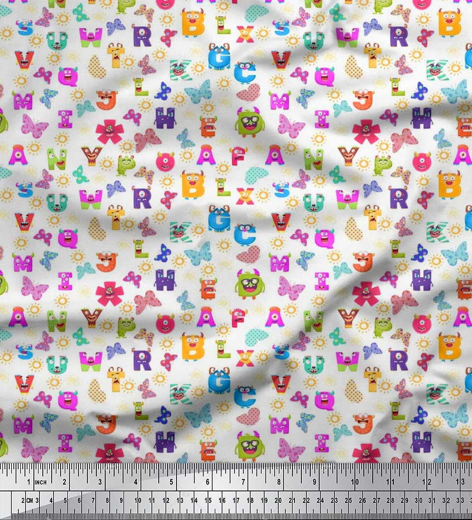 Soimoi White Velvet Fabric Insect,Sun & Cartoon Alphabets Text Print ...