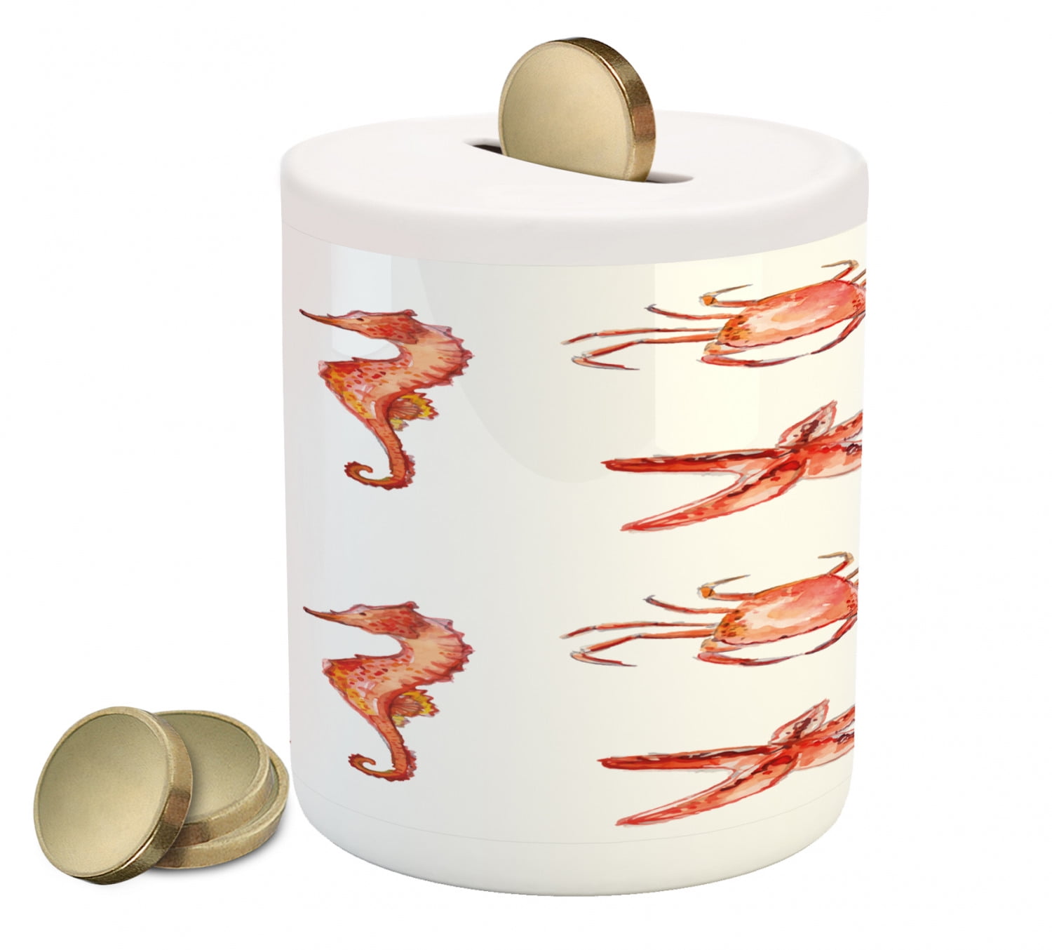 Nautical Piggy Bank, Crab Seahorse Starfish Hand Drawn Underwater Sea ...