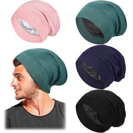 4 Pieces Hair Bonnet for Men Silk Satin Sleep Cap (Black, Navy Blue ...