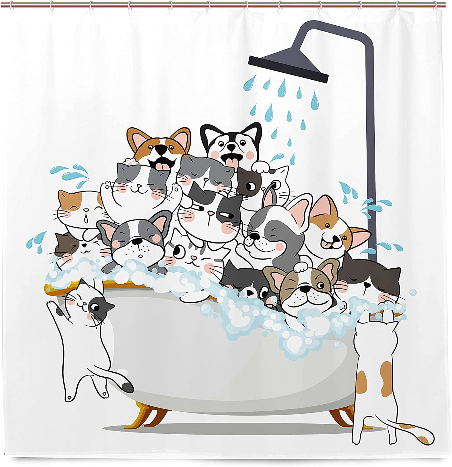 Sonernt Cute Cats and Dogs Shower Curtain Raining Kids Cartoon Corgi ...
