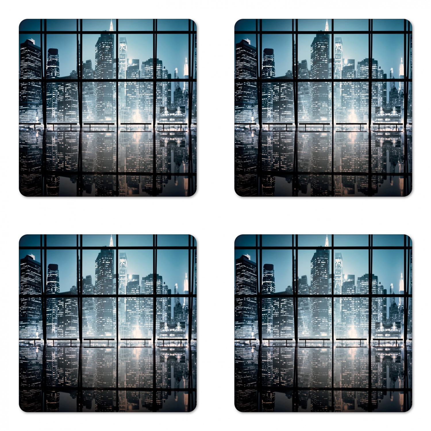 Modern Coaster Set of 4, Modern New York City Scenery at Night with ...