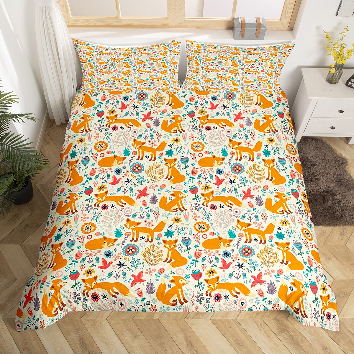 Fox Duvet Cover Rainbow Flowers Bedding Set for Kids Girls Toddler ...