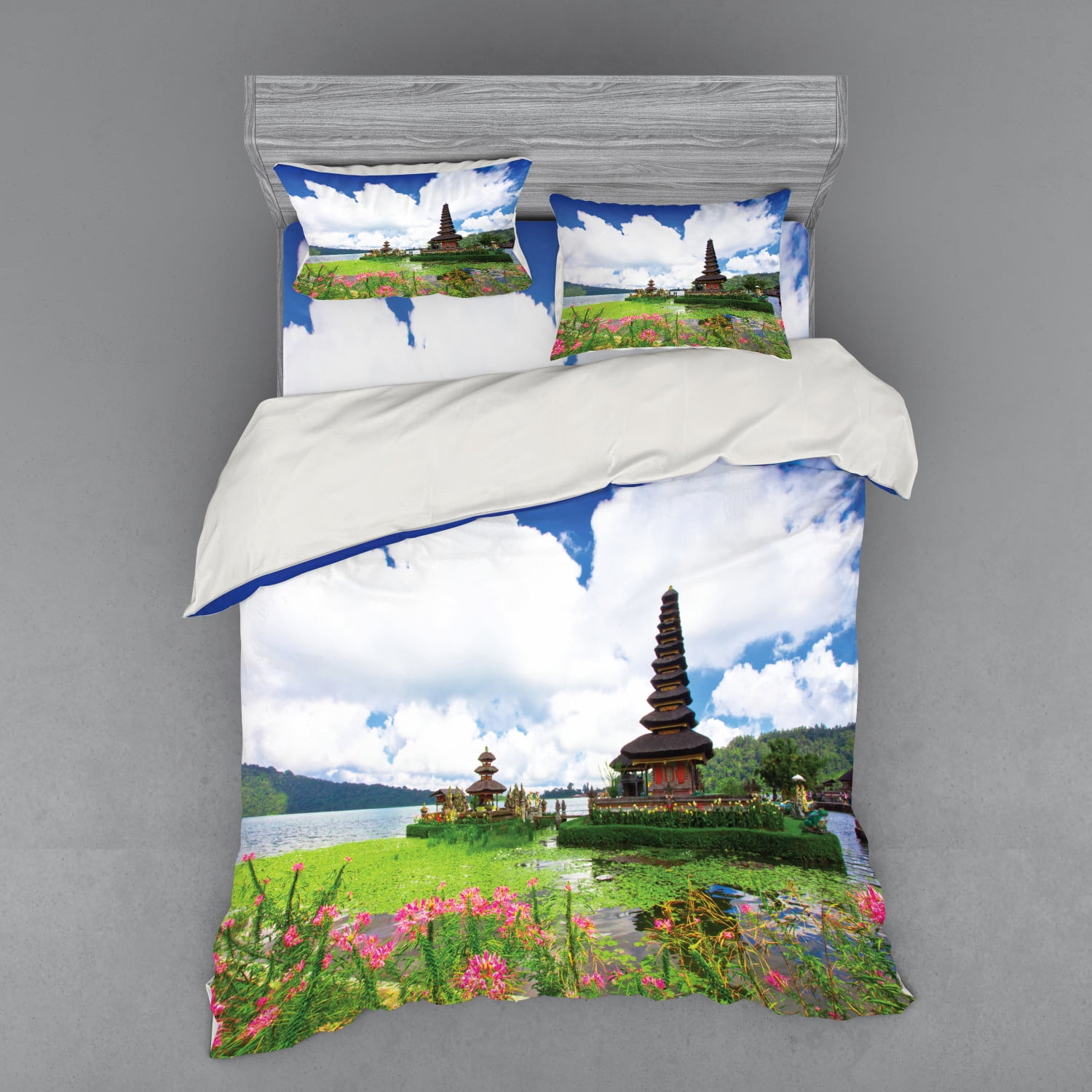 Balinese Duvet Cover Set, Pura Ulun Danu Building Bali Tropic Flowers ...