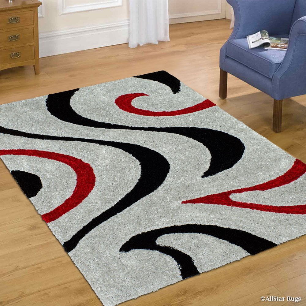 Allstar Grey Shaggy Area Rug with 3D Red and Black Lines Design ...