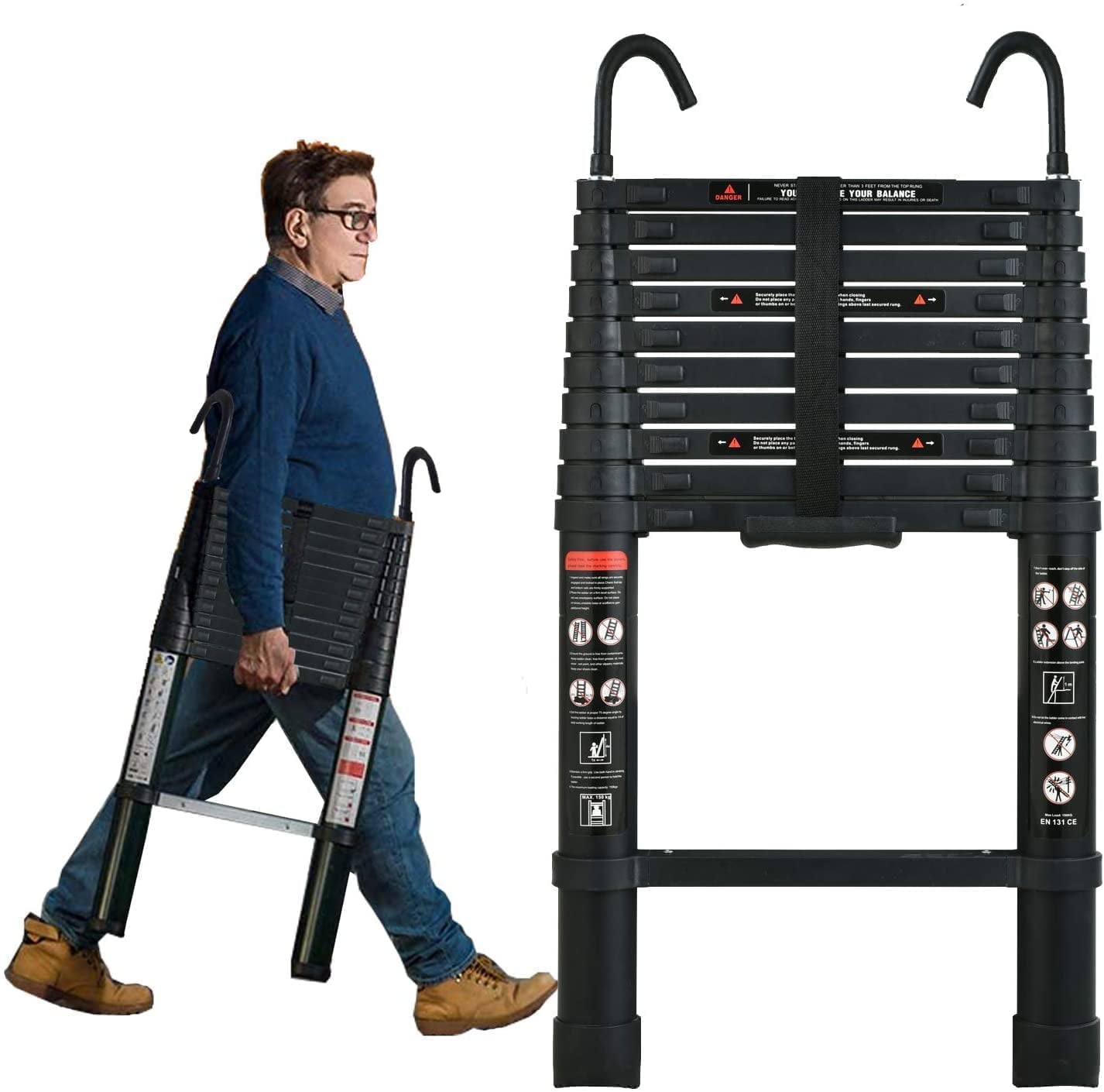 Bowoshen 10.5FT Telescopic Straight Ladders Black with Hooks, Aluminum ...