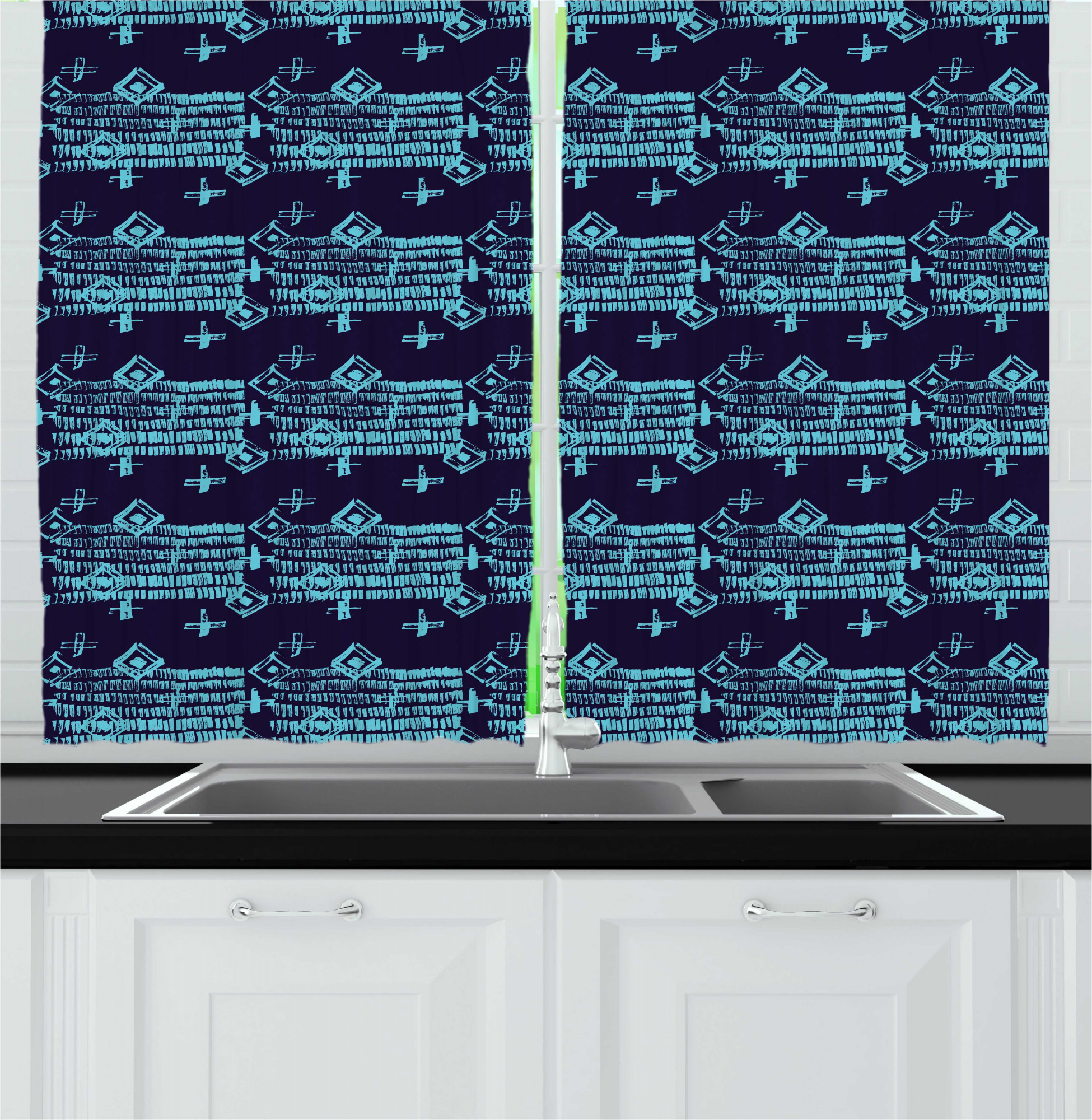 Abstract Kitchen Curtains, Cold Toned Repetition of Modern Brush Stroke ...
