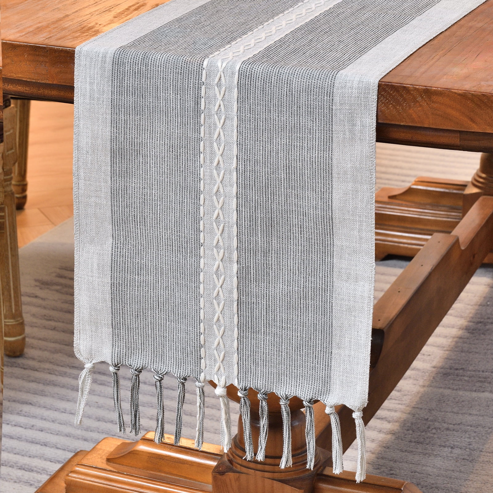 Wracra Embroidered Table Runner With Hand-Tassel, Grey, 13"×72 ...