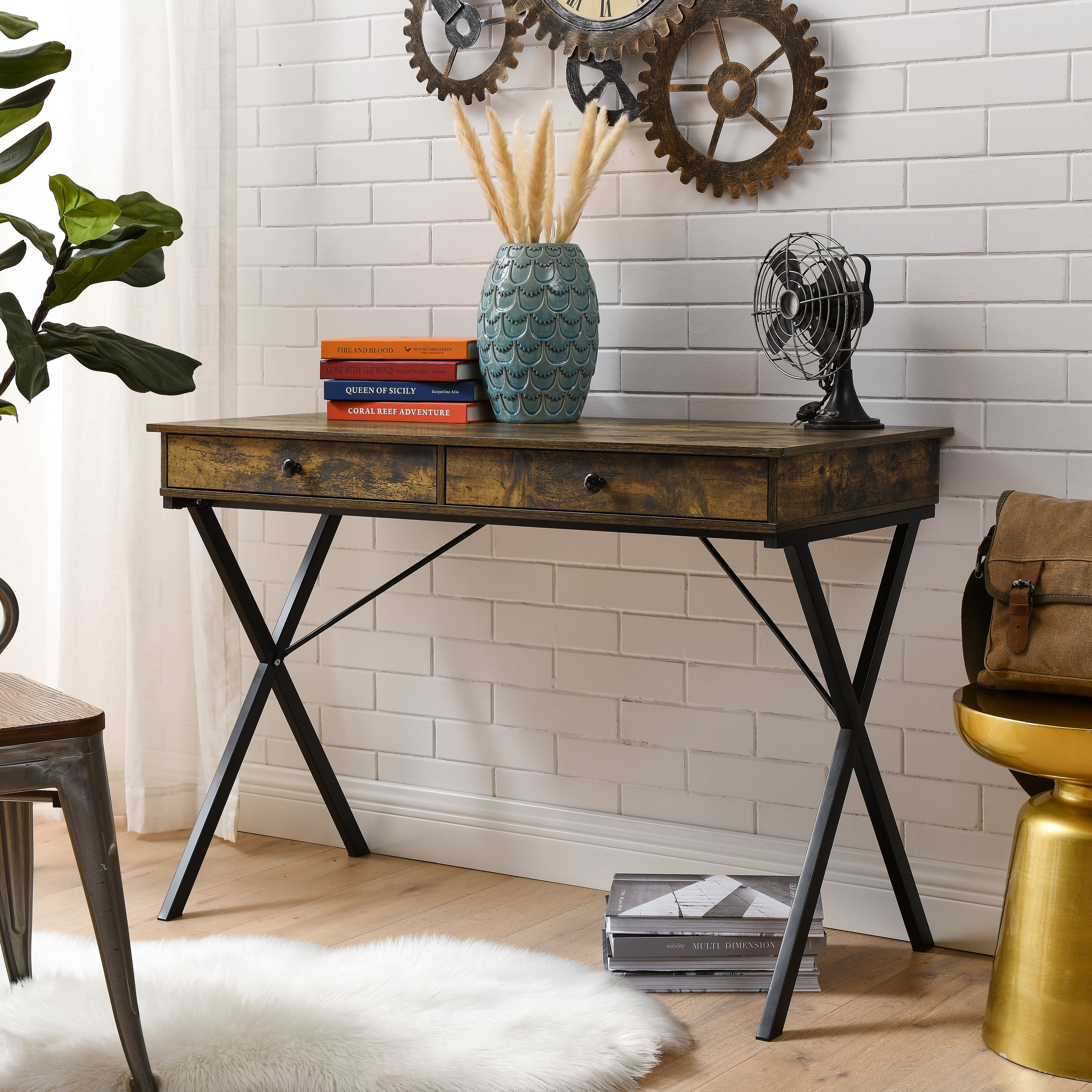 42 Inch Writing Computer Desk with 2 Storage Drawers, Home Office Study ...